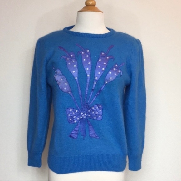 Vintage | Sweaters | Vintage 8s Altinea Blue Angora Wool Floral ...